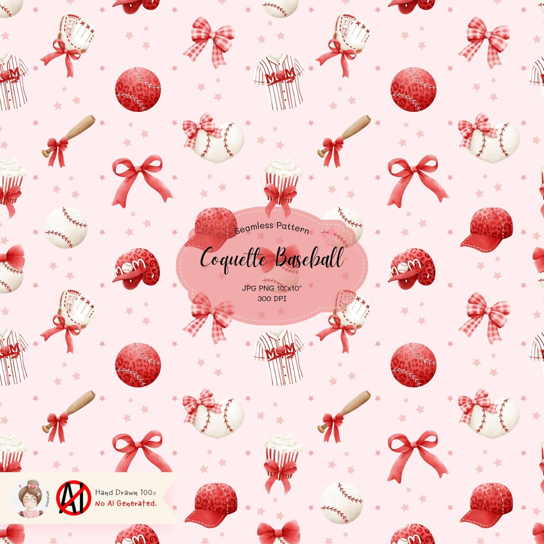 Red Coquette Baseball Mom Seamless Pattern, Baseball Seamless Pattern ...