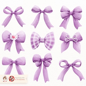 Watercolor Purple Coquette Ribbon Clipart Gift Bow Clipart Fashion ...