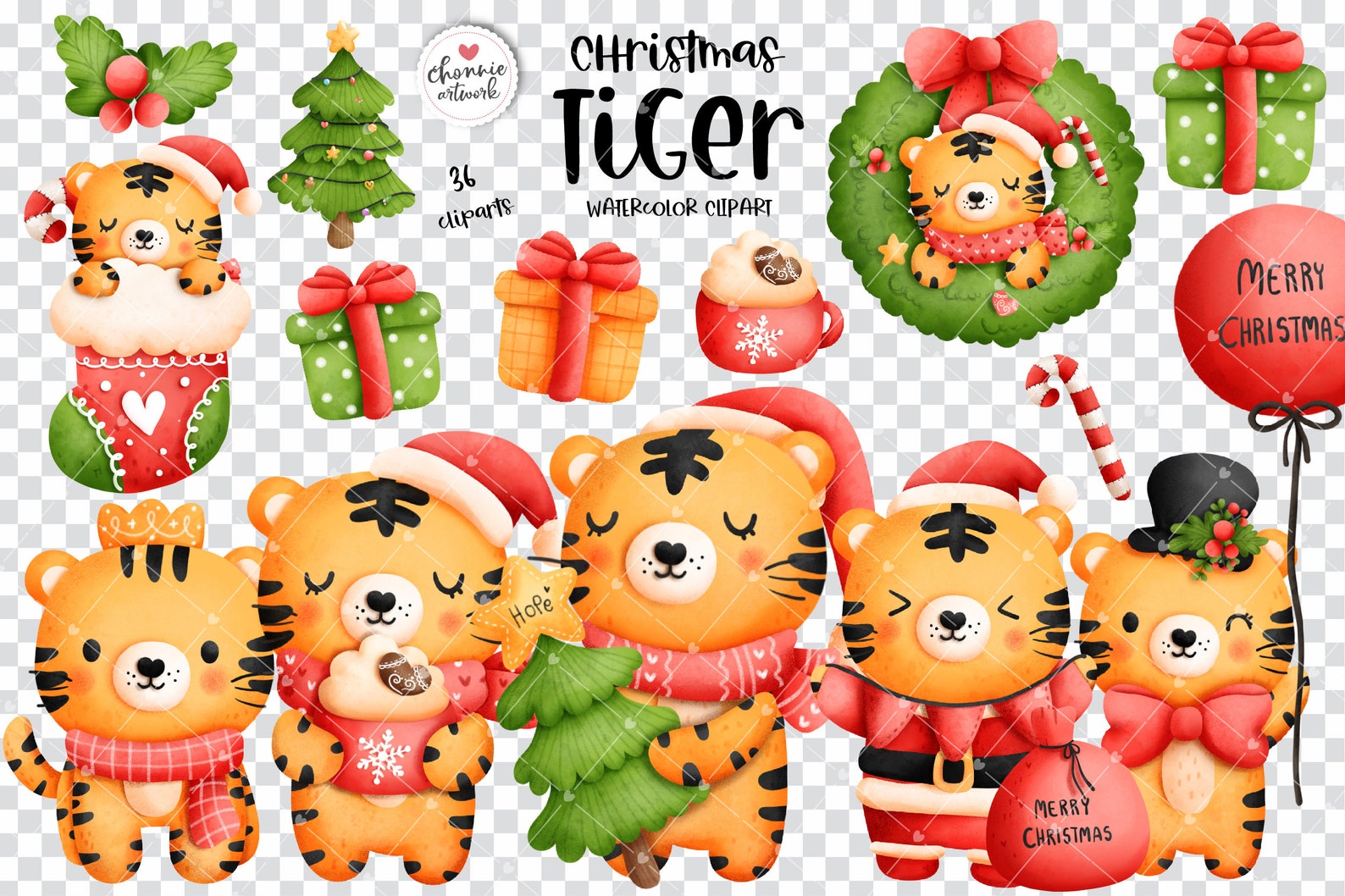 Christmas Tiger Clipart Year of the Tiger Christmas Clipart. - Etsy