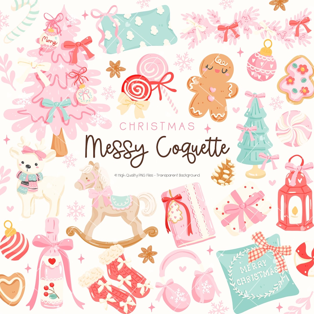 Preppy Pink Christmas Clipart, Messy Christmas Clipart, Coquette ...