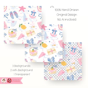 Coquette Nautical Summer Seamless Pattern PNG JPG | Cute Shell Anchor ...