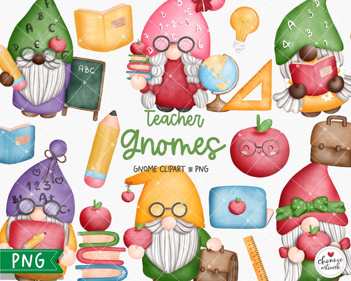 Watercolor Teacher Gnome Clipart Gnomes Teacher PNG Back to | Etsy