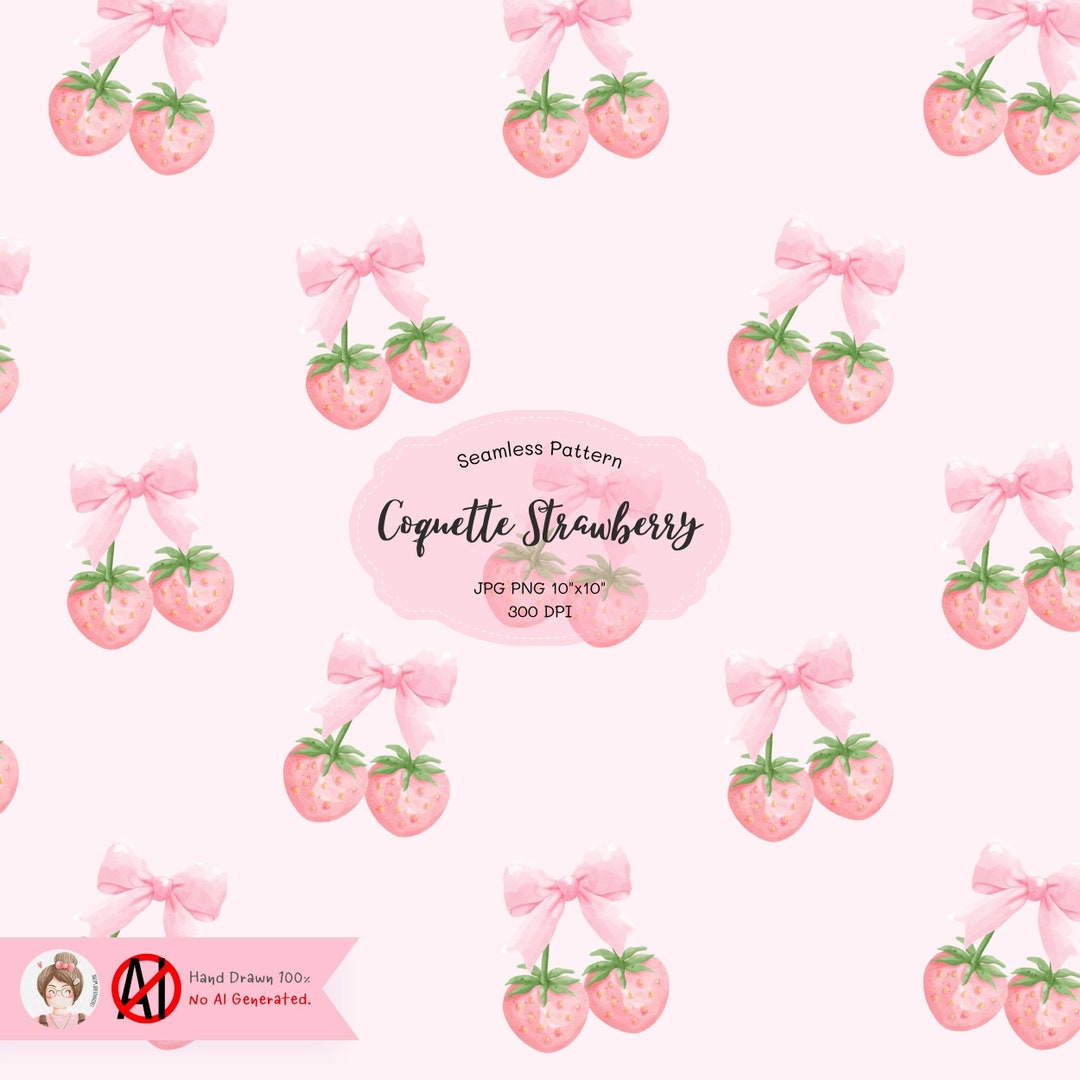 Pink Coquette Ribbon Seamless Pattern, Coquette Strawberry Pattern ...