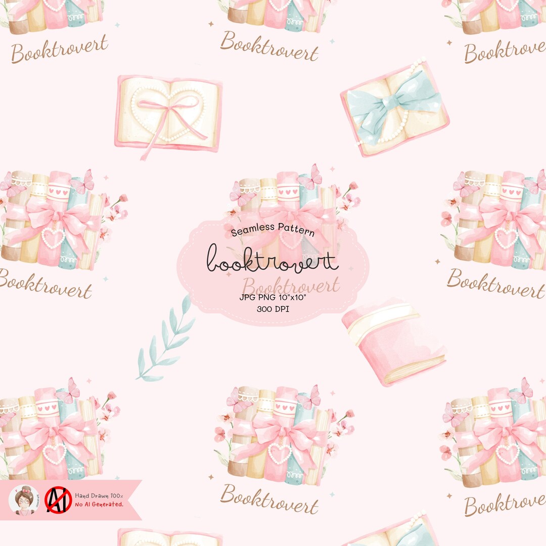 Booktrovert Seamless Patterns, Coquette Book Pattern, Book Bow Digital ...