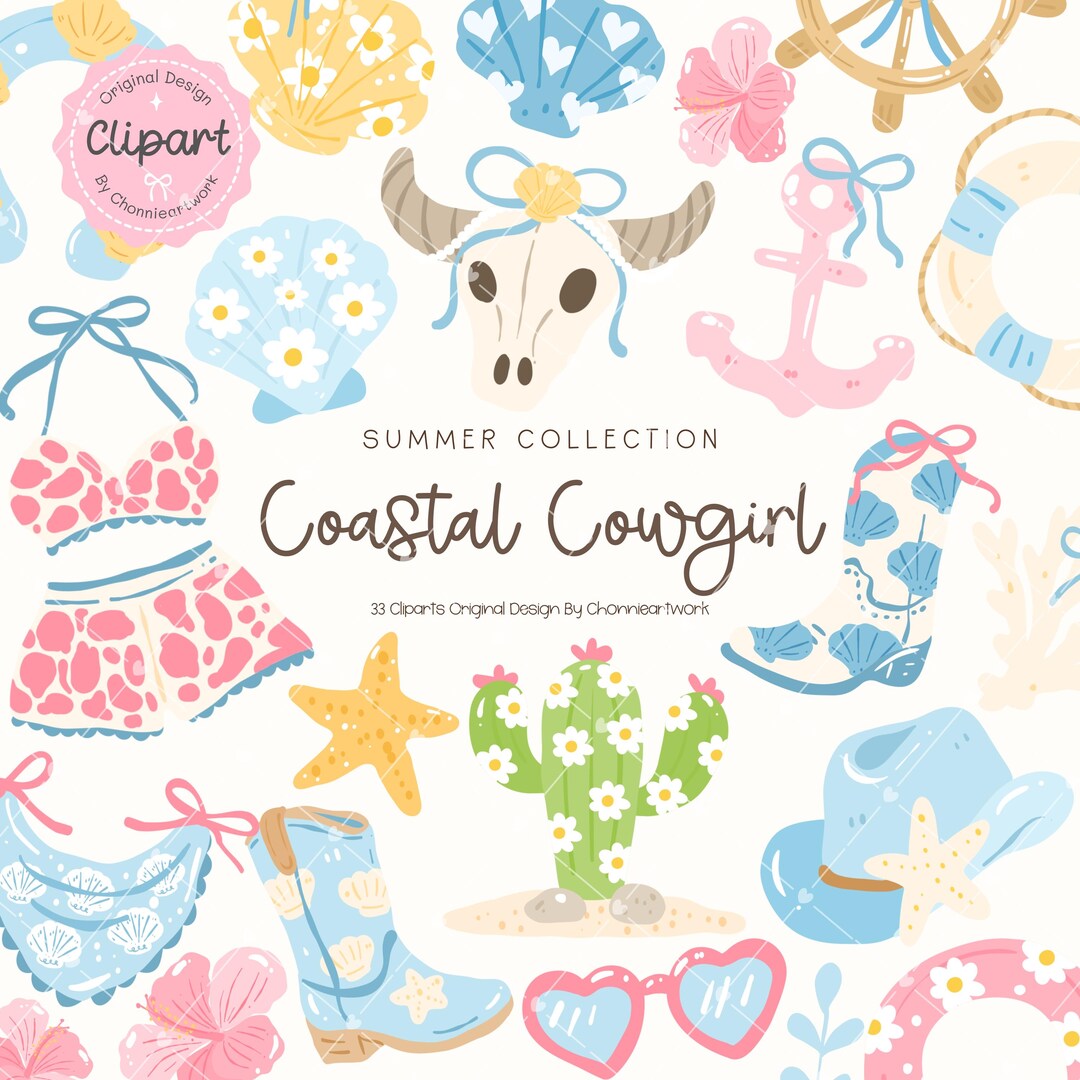 Coastal Cowgirl PNG Clipart Set, Western Beach Vibes Clipart, Country ...