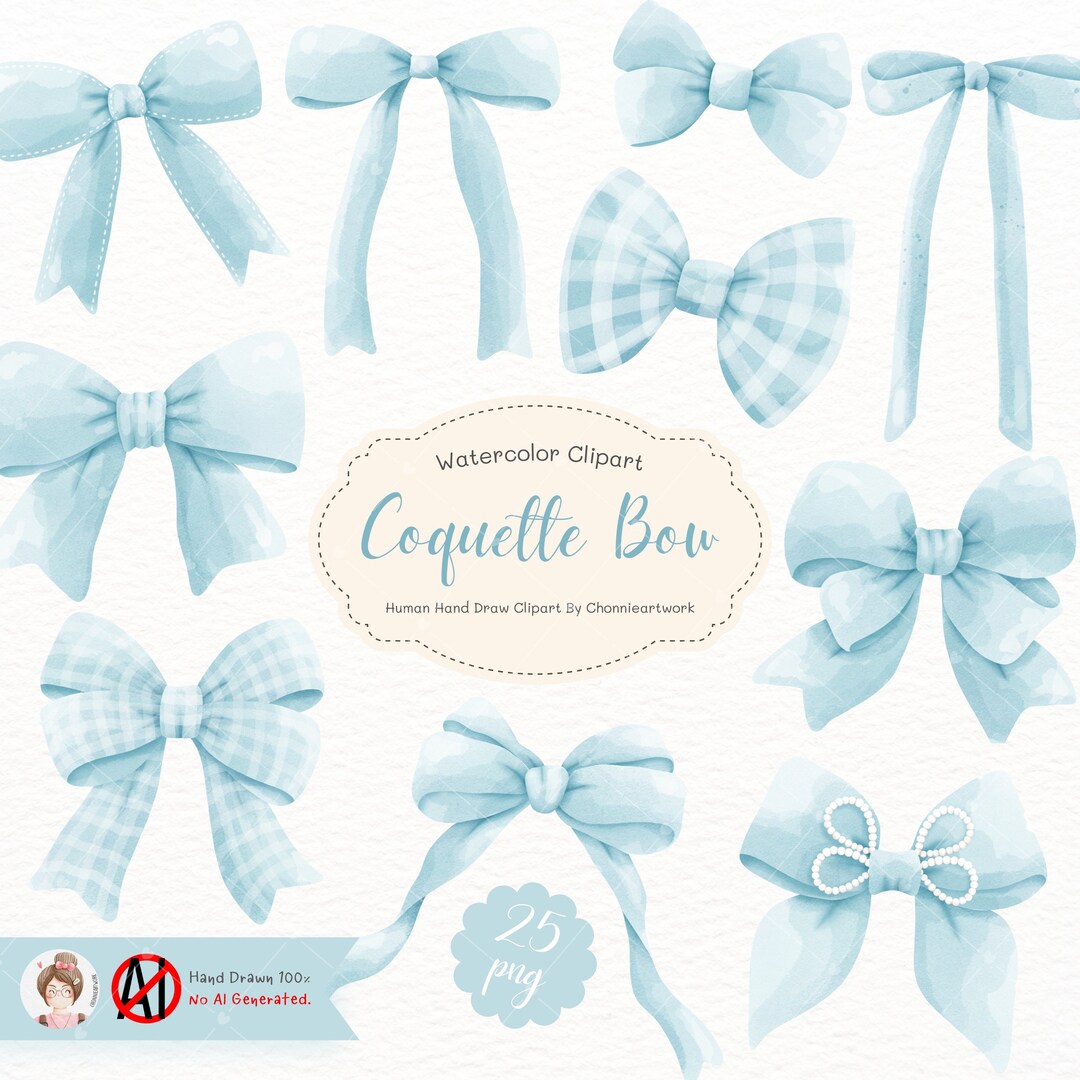 Watercolor Blue Coquette Ribbon Clipart Gift Bow Clipart Fashion ...