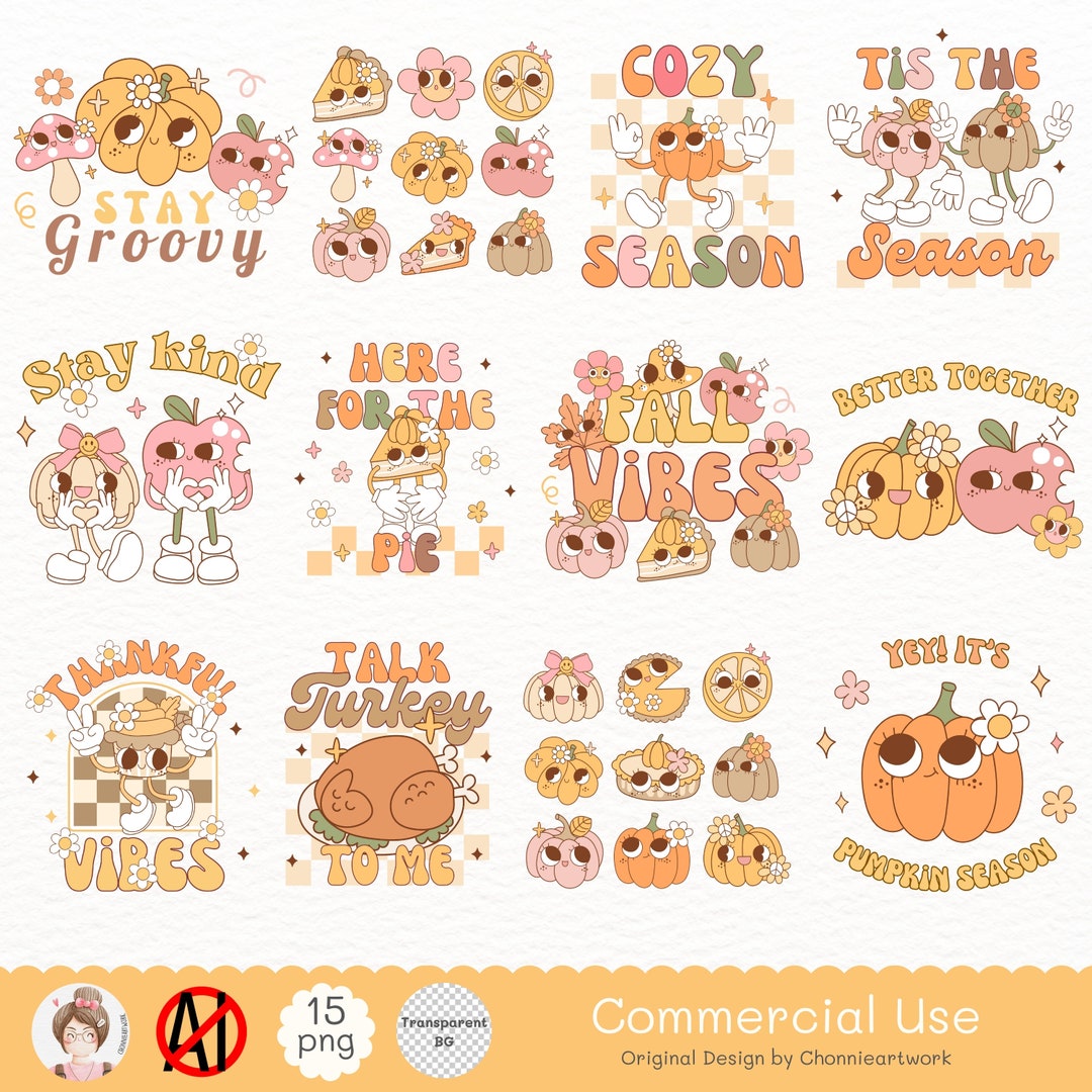 Groovy Autumn Clipart Bundle , Retro Autumn Clipart, Thanksgiving Day ...