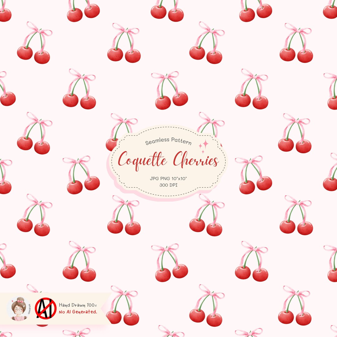 Pink Coquette Ribbon With Cherries Seamless Pattern, Coquette Cherries ...
