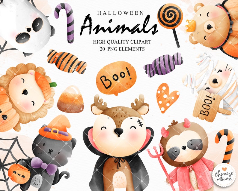 Watercolor Halloween Animals Clipart Halloween Download - Etsy