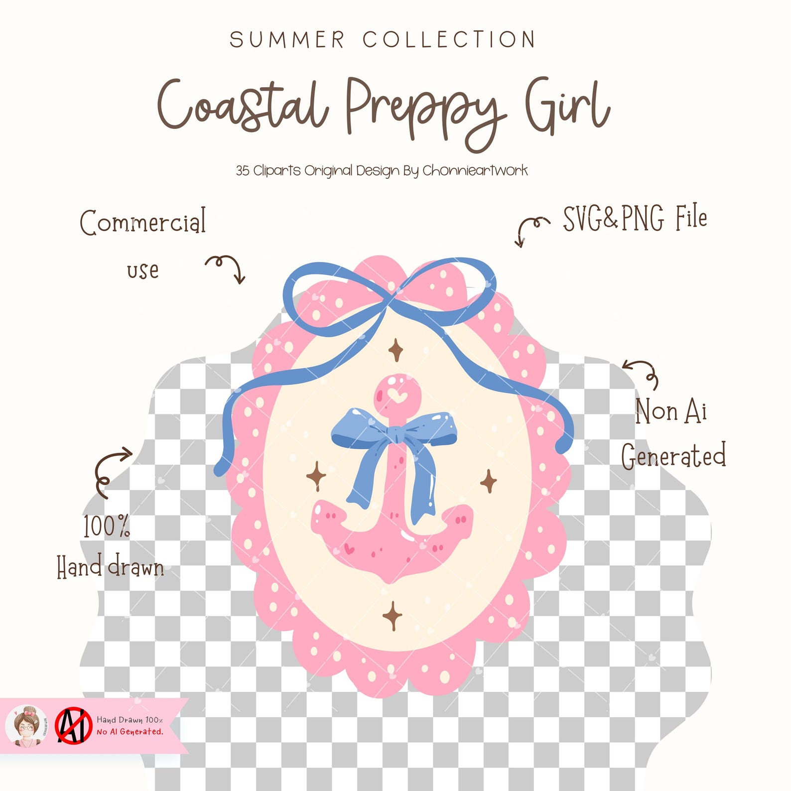 Coastal Preppy Girl Clipart Set, Summer Beach Elements, Coquette Girly ...