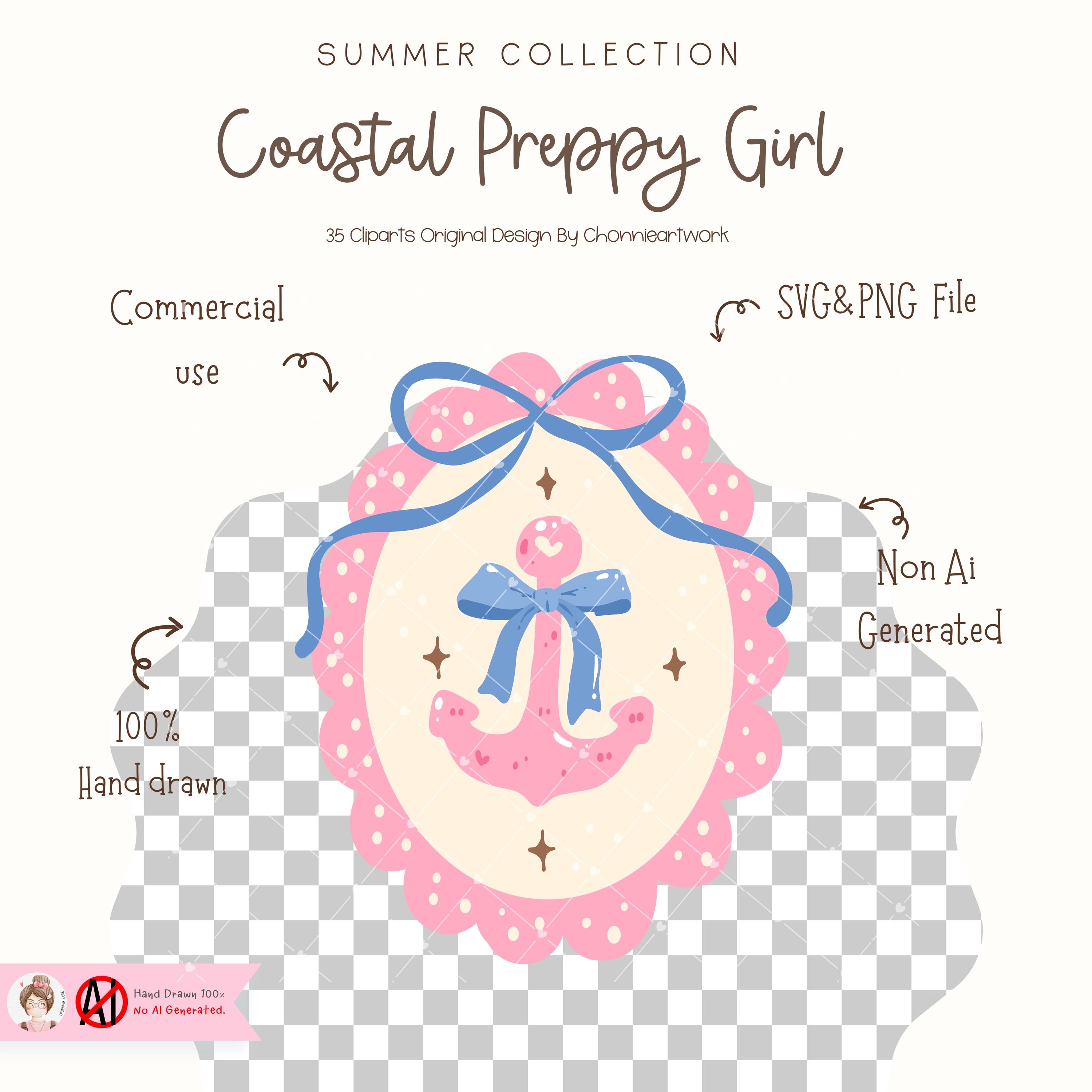 Coastal Preppy Girl Clipart Set, Summer Beach Elements, Coquette Girly ...