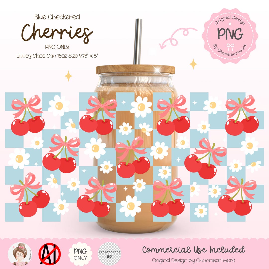 Blue Checkered Cherries PNG, Coquette Cherry Glass Can Wrap, Red Bow ...