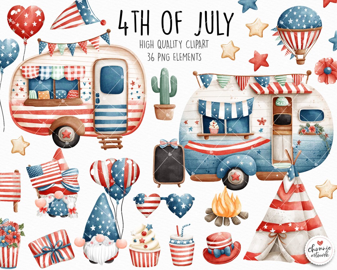 Watercolor 4th July Clipart, Independence Day Clipart, Camper Clipart ...