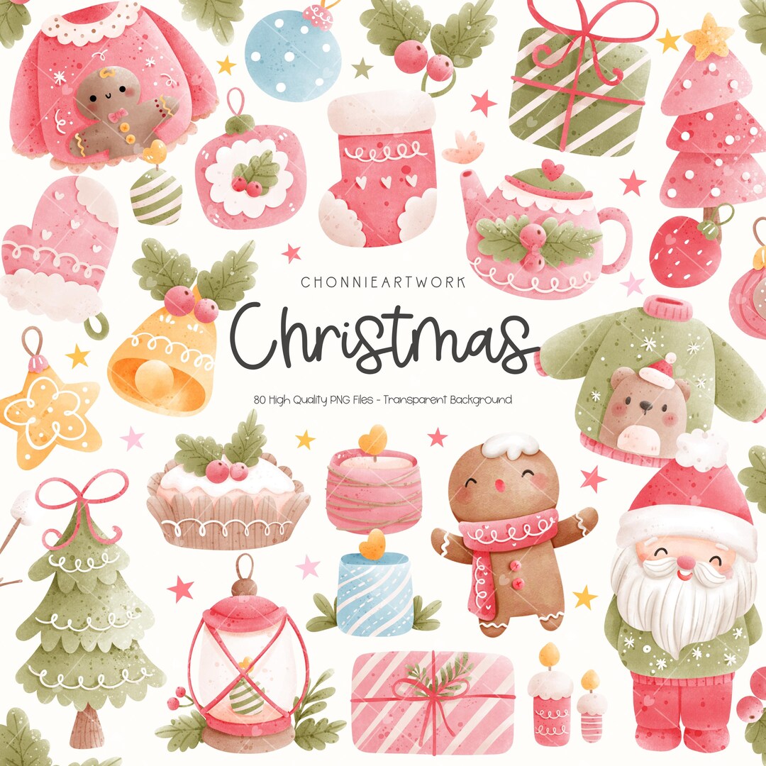 Christmas Clipart Set, Cute Kawaii Holiday PNG, Pastel Cozy Christmas ...