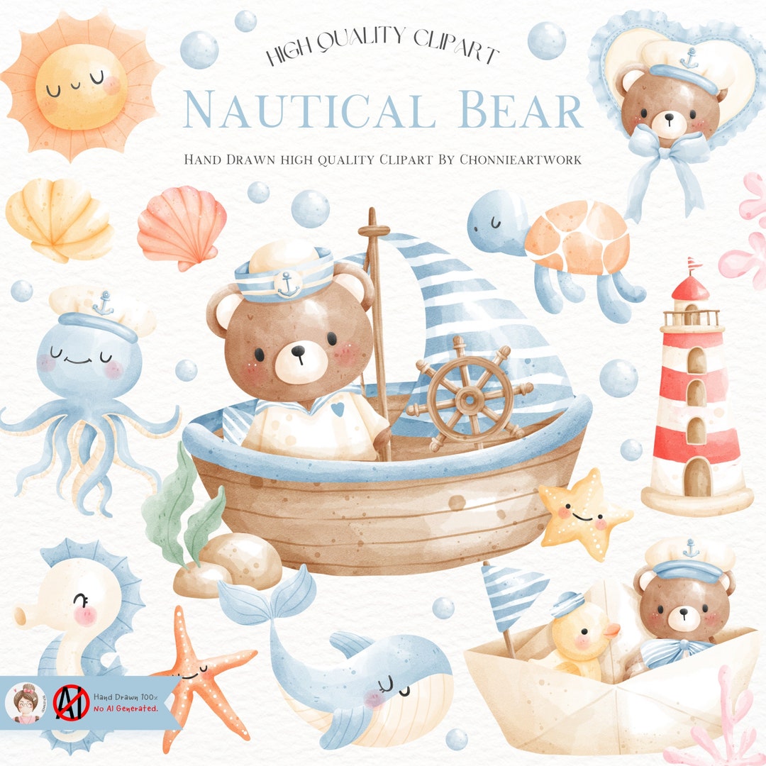 Nautical Clipart, Nautical Teddy Bear Clipart, Baby Shower Clipart ...