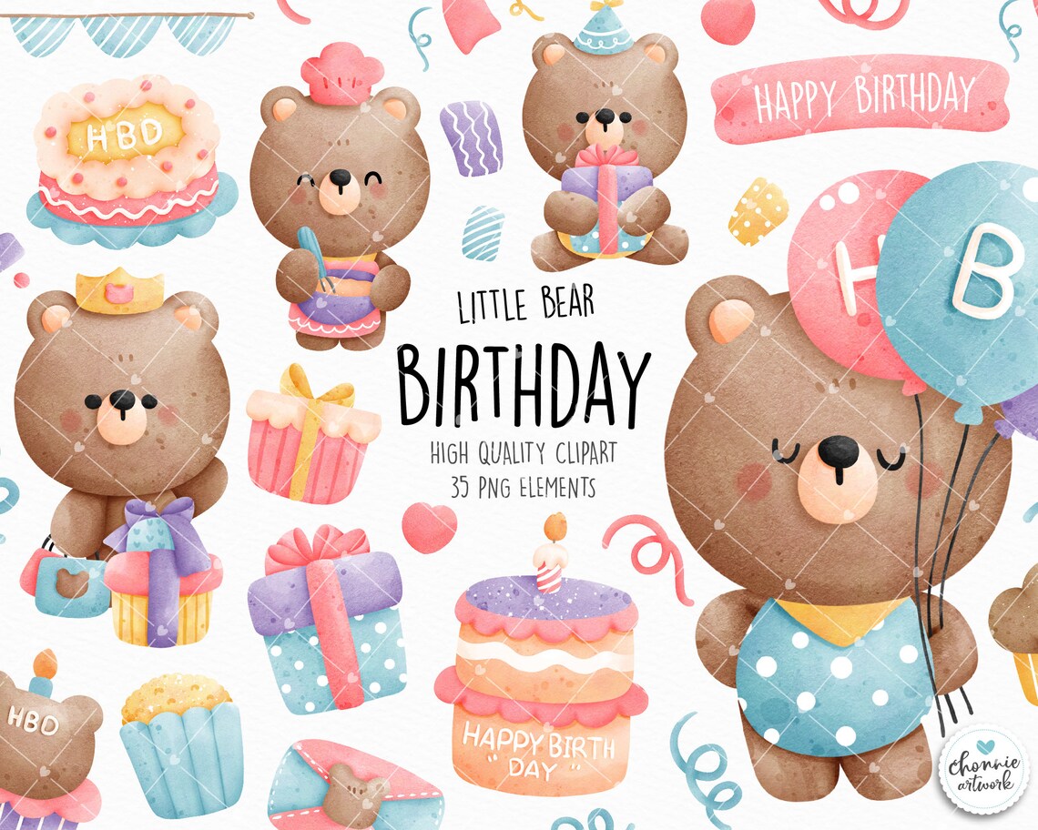 Little Bear Birthday Clipart Birthday Bear Clipart Baby - Etsy