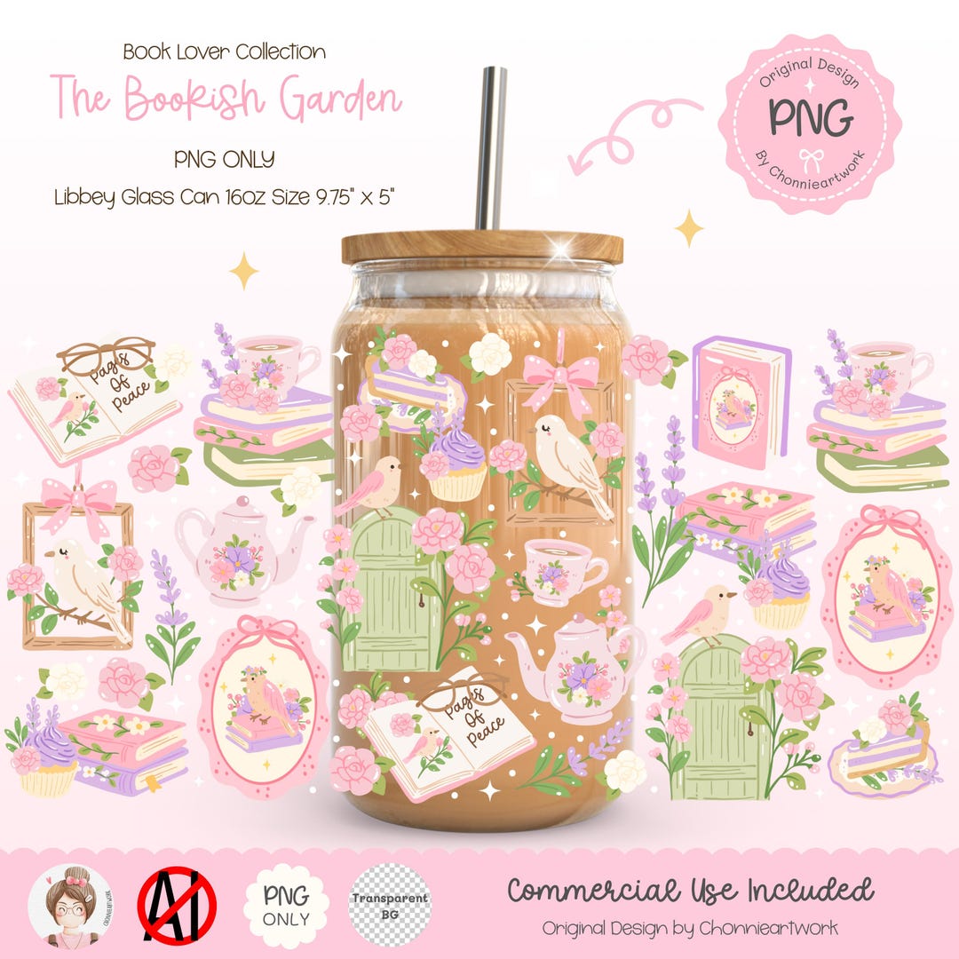 Flower Bookish Glass Can Wrap, Book Lover Cup Wrap, Tea and Book Cup ...