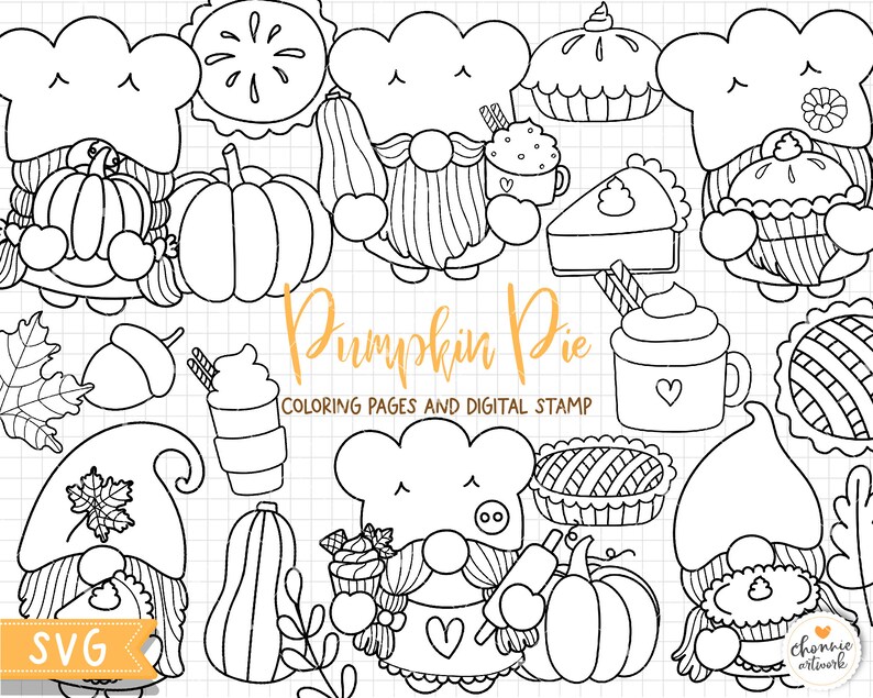 Gnome pumpkin pie Coloring Pages Happy Fall Gnome Digital | Etsy
