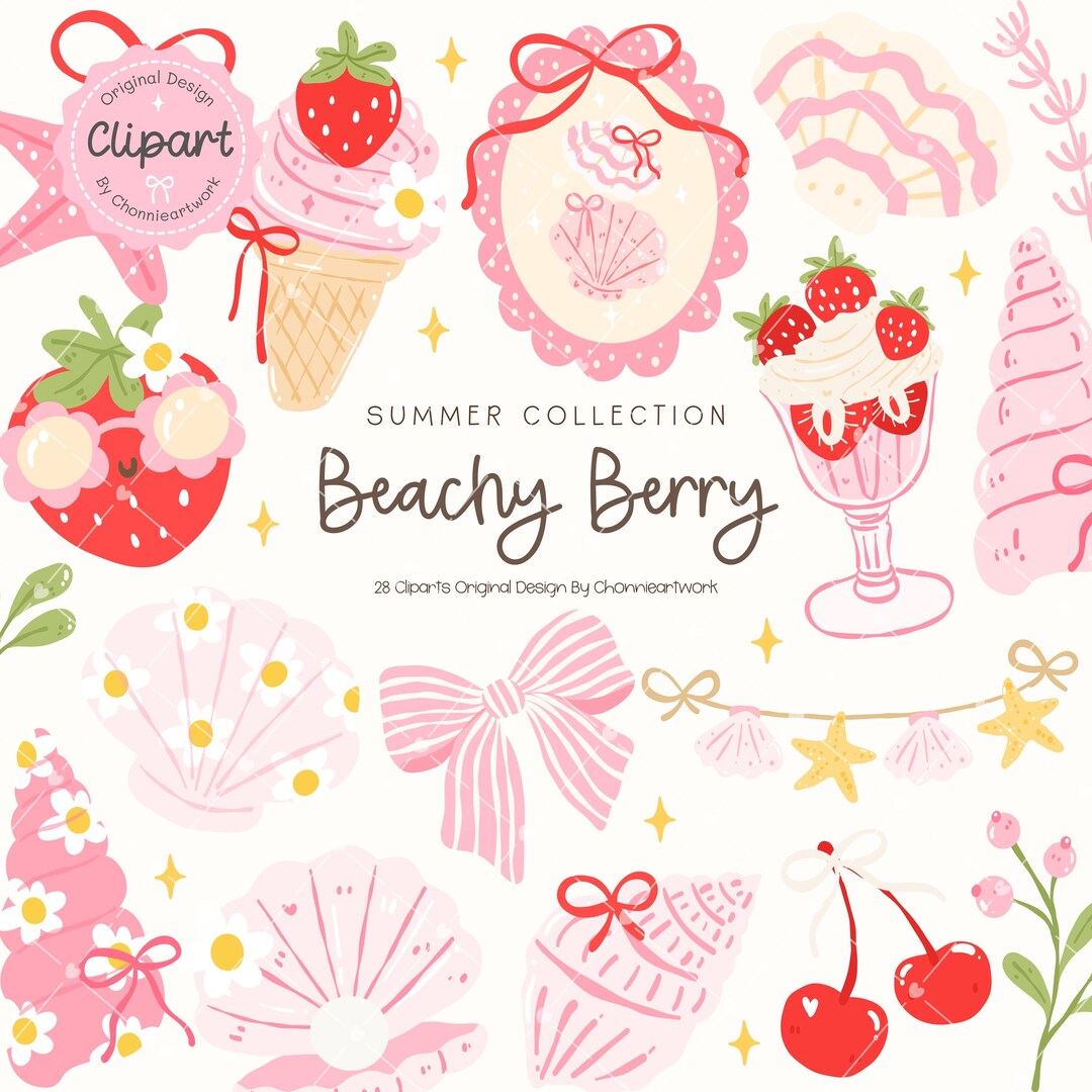 Coquette Girly Beach Summer Clipart Set Pink Coquette Seashell Kawaii ...