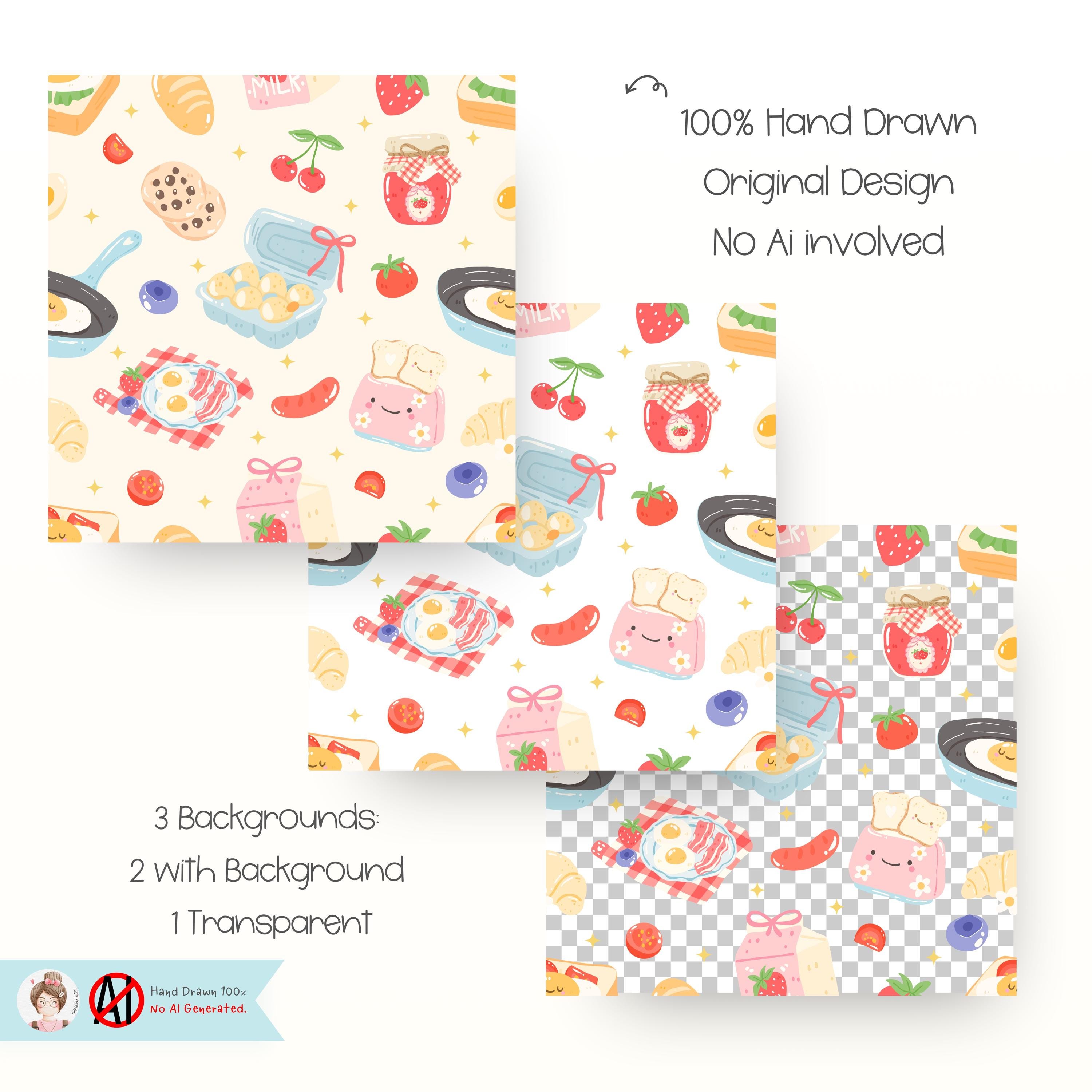 Cute Breakfast Seamless Pattern, Kawaii Food Picnic, Cottagecore ...