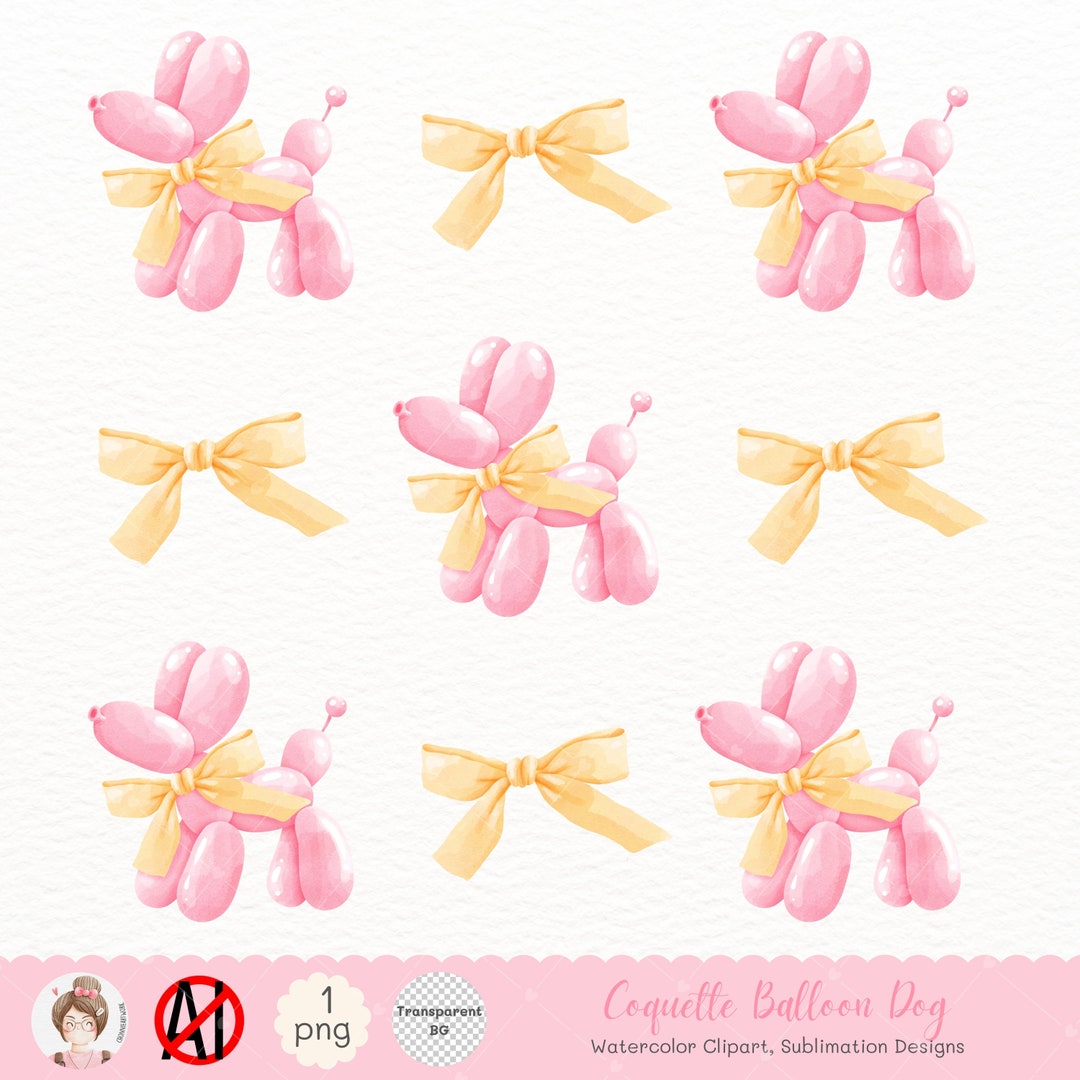 Watercolor Preppy Balloon Dog Clipart, Coquette Balloon Animal Clipart ...