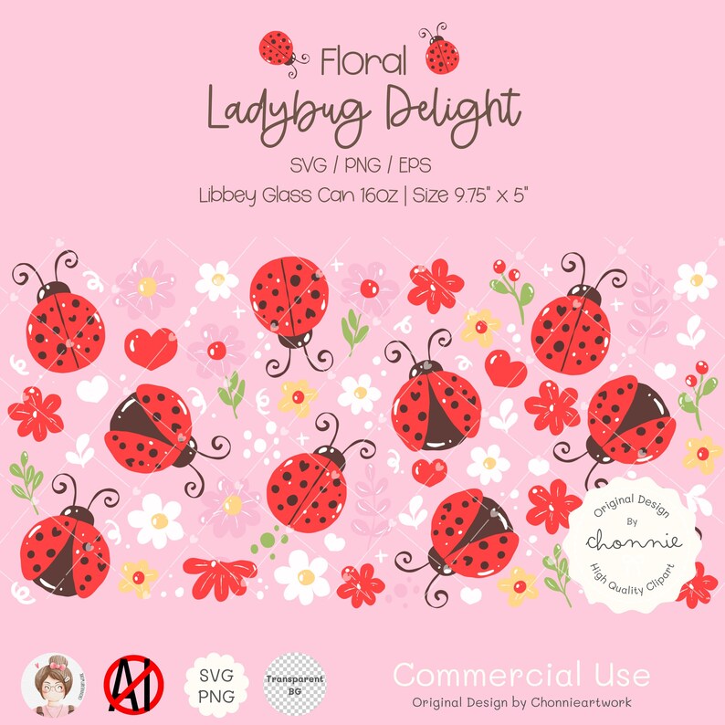 Floral Ladybug Glass Can Wrap, Cute Ladybug Glass Wrap, Cottagecore ...
