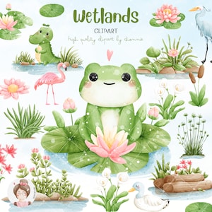 Watercolor Wetlands Clipart, Ciute Swamp Clipart, Cute Frog Clipart ...