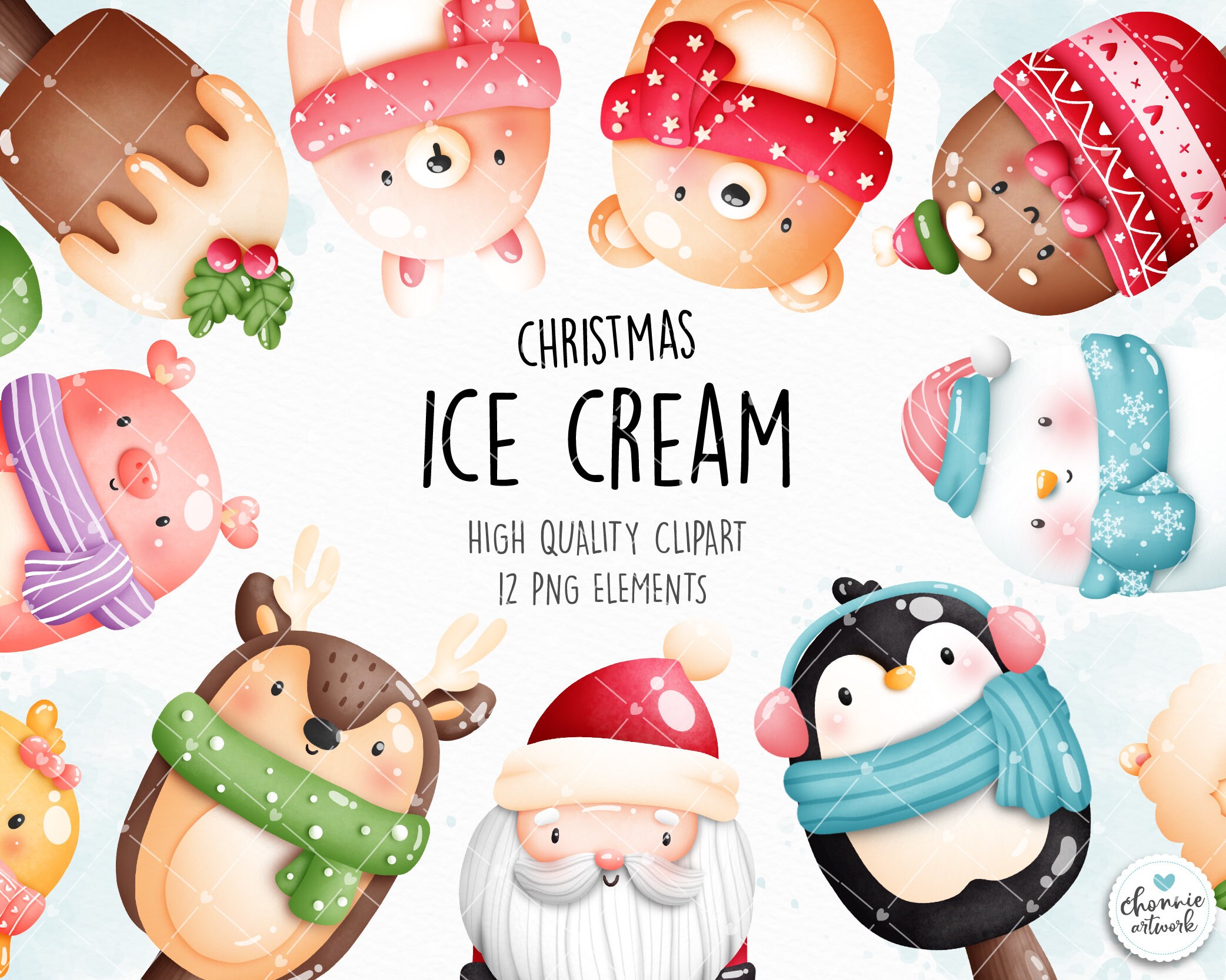 Watercolor Christmas Ice Cream Clipart Winter Animal Clipart - Etsy
