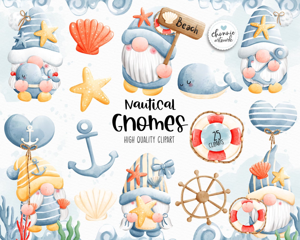 Nautical Gnomes Clipart Beach Gnome Clipart Summer Gnome - Etsy