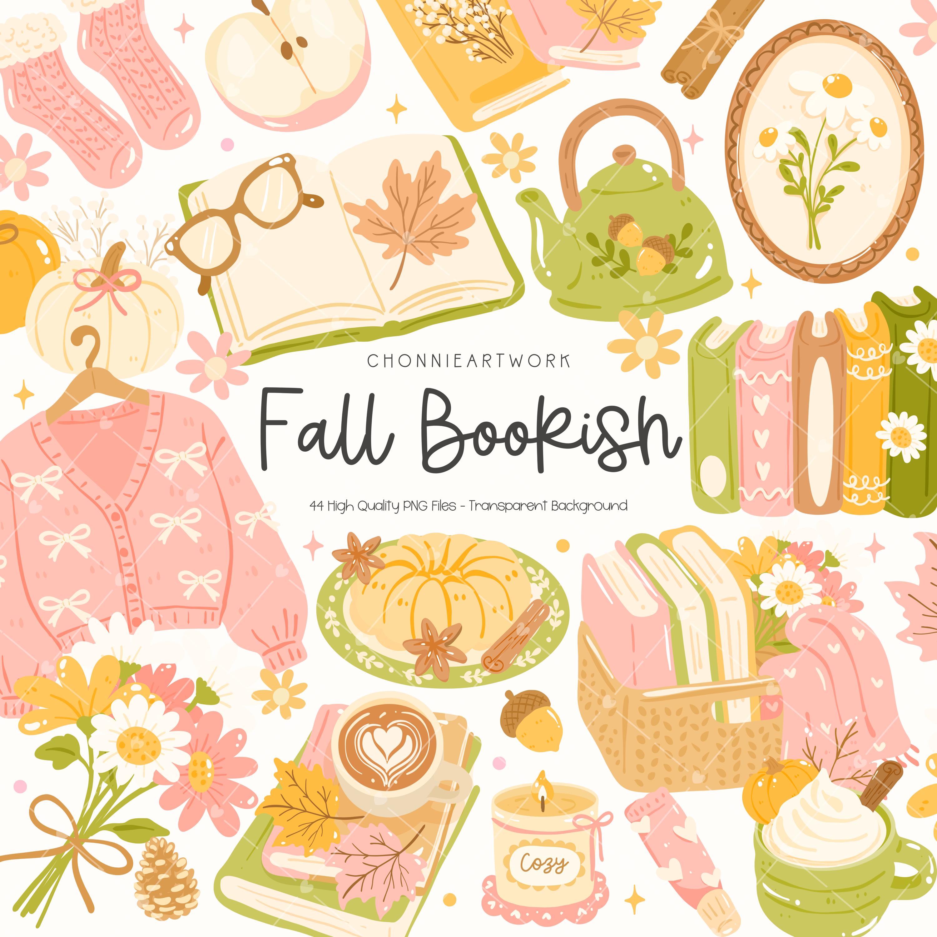 Fall Bookish Clipart, Coquette Fall Vibes Png, Fall Bookish Gift, Fall ...