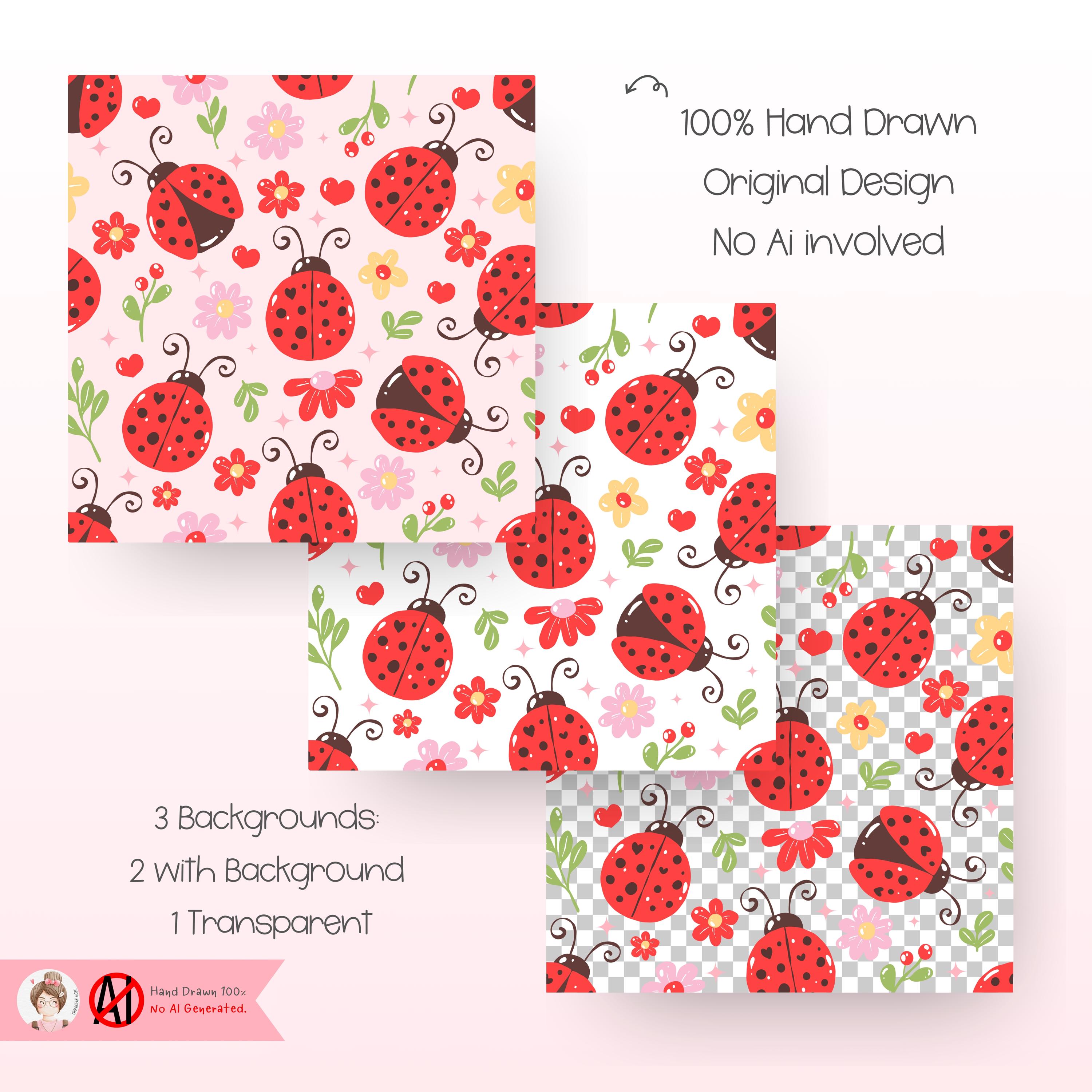 Floral Ladybug Seamless Pattern JPG PNG Cute Red Ladybug & Spring ...
