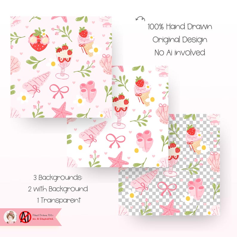Coquette Beach Seamless Pattern | Strawberry Ice Cream Shell Starfish ...