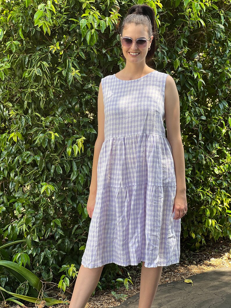 Lilac Linen Gingham Ladies Tiered Summer Dress Boho Handmade - Etsy