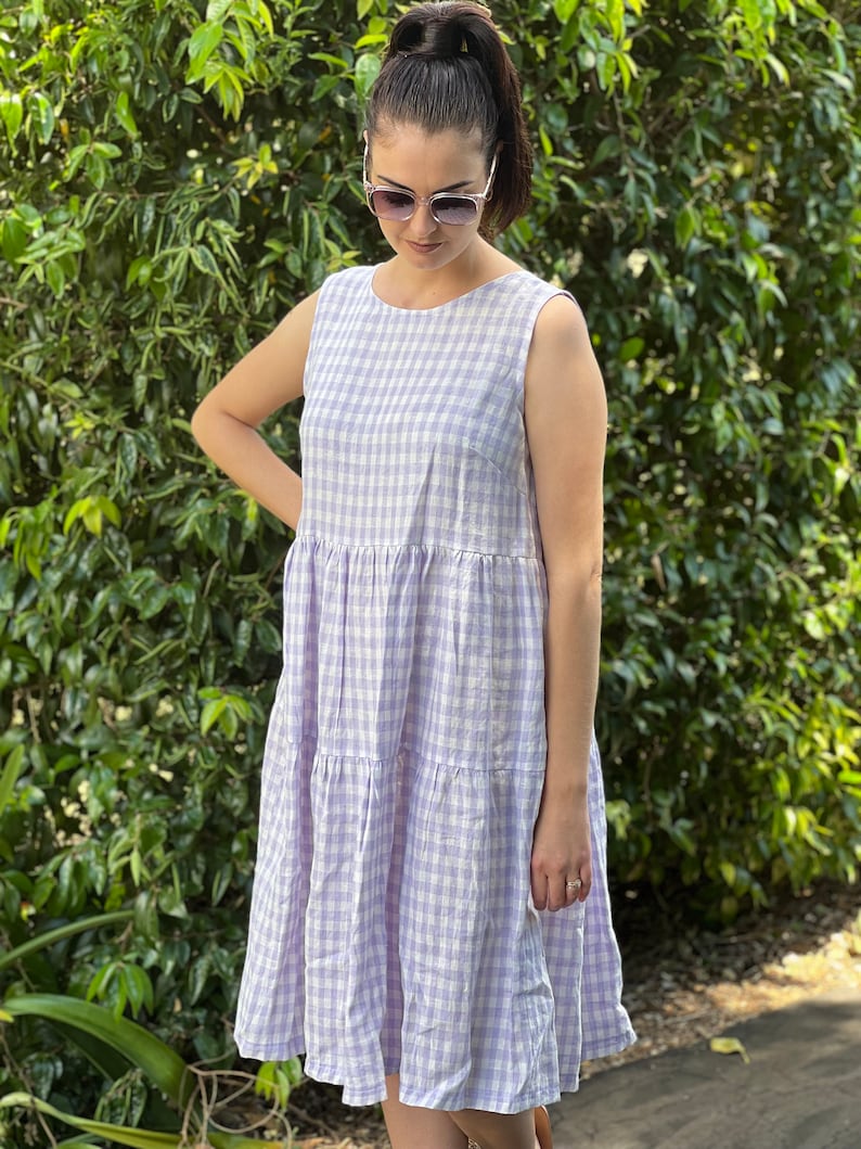 Lilac Linen Gingham Ladies Tiered Summer Dress Boho Handmade - Etsy
