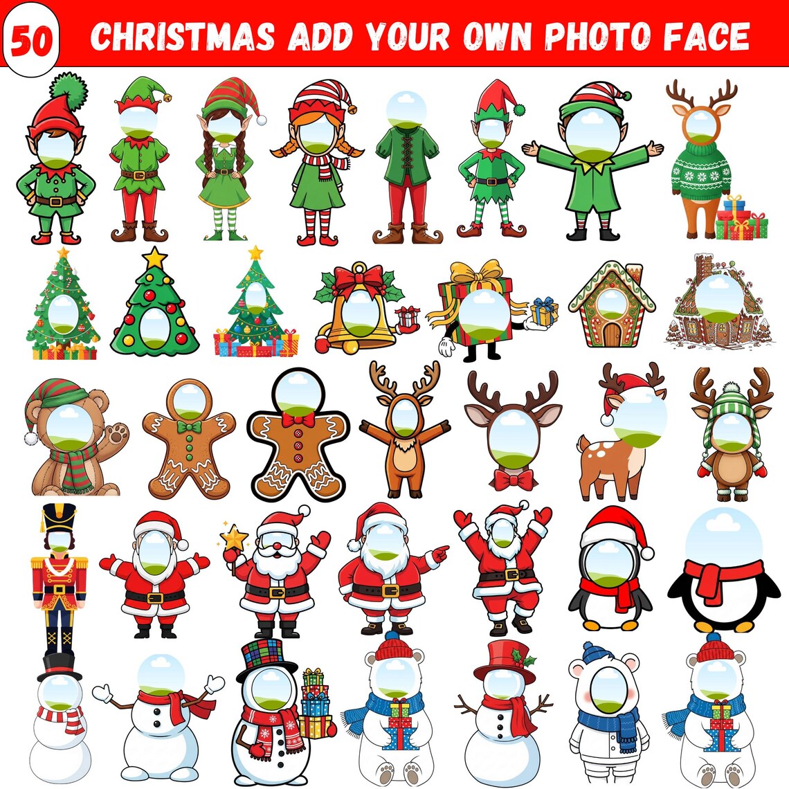 50 Christmas Elf Add Your Own Face Photo Frames Bundle, Santa, Elf Face ...