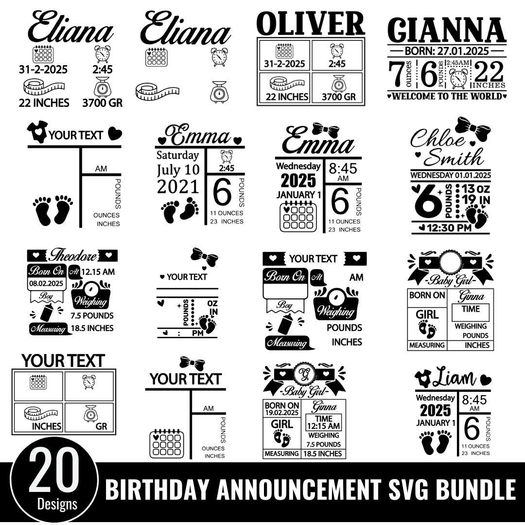 Birth Announcement Svg Bundle, Baby Stats Template, Birth Stats Svg ...