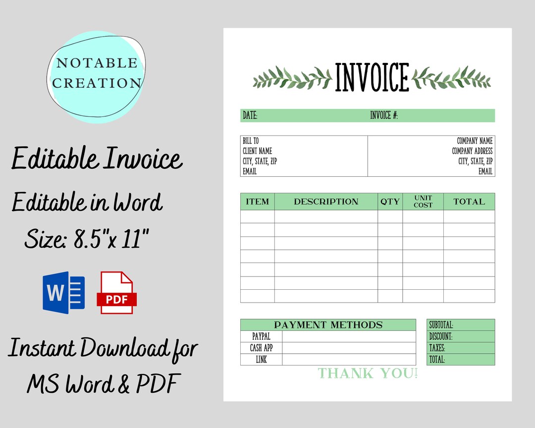 Invoice Template Editable | Watercolor Invoice Template | Editable ...