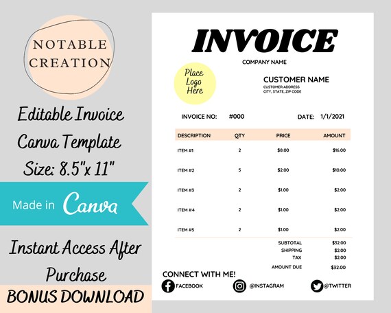 Modèle de facture Canva Modèle de facture modifiable - Etsy France