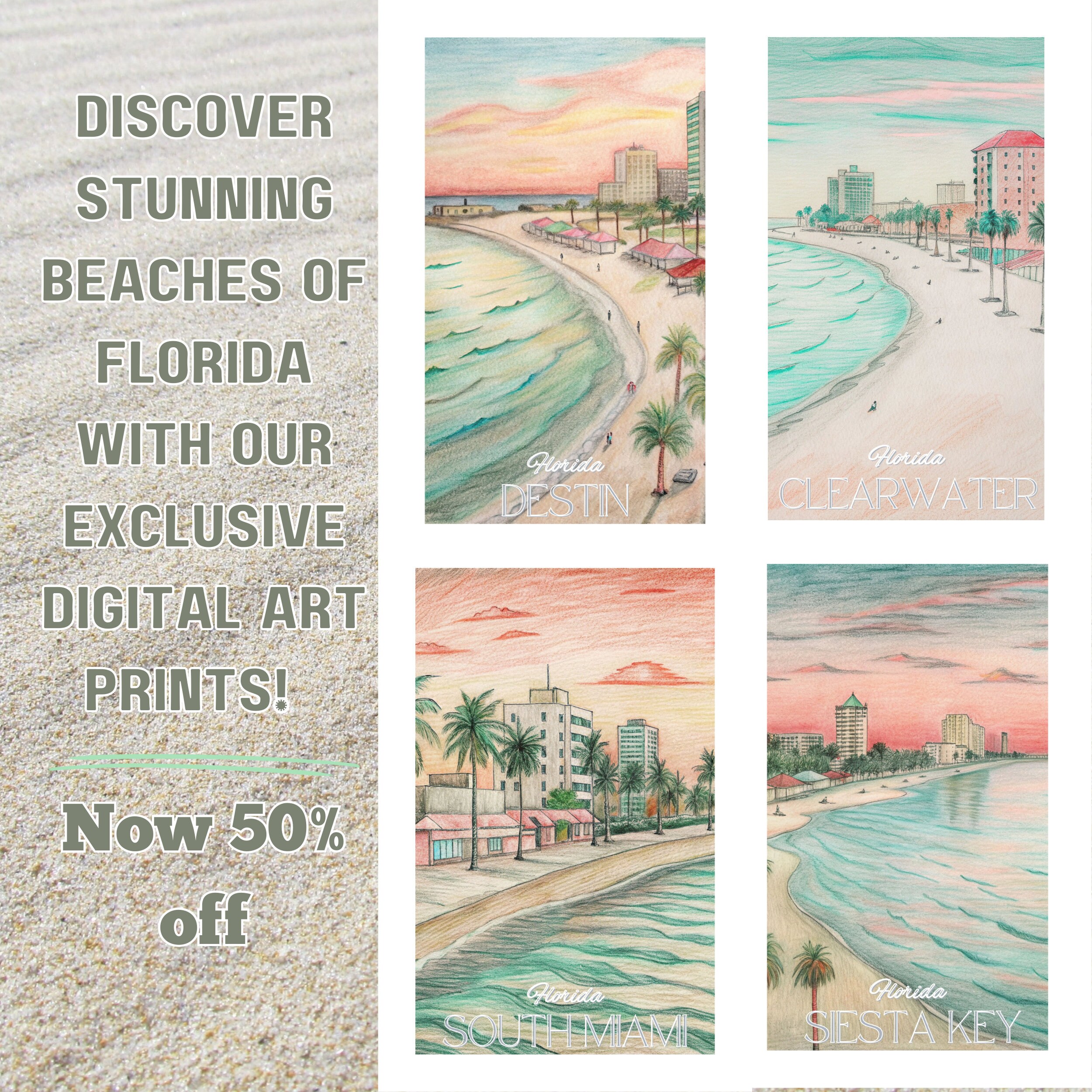 Florida Beach Digital Print Bundle, Coastal Pink and Green Wall Art ...