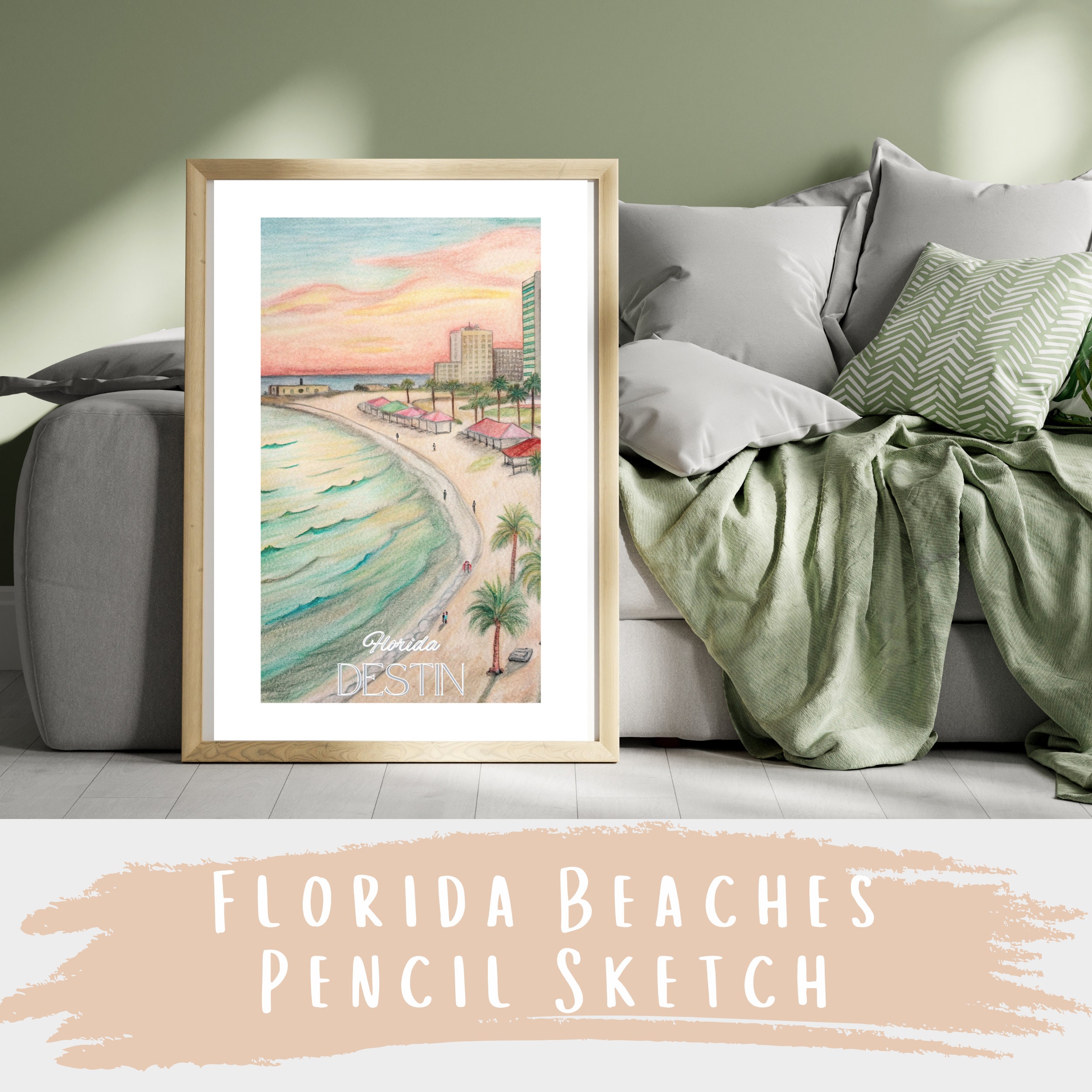 Florida Beach Digital Print Bundle, Coastal Pink and Green Wall Art ...