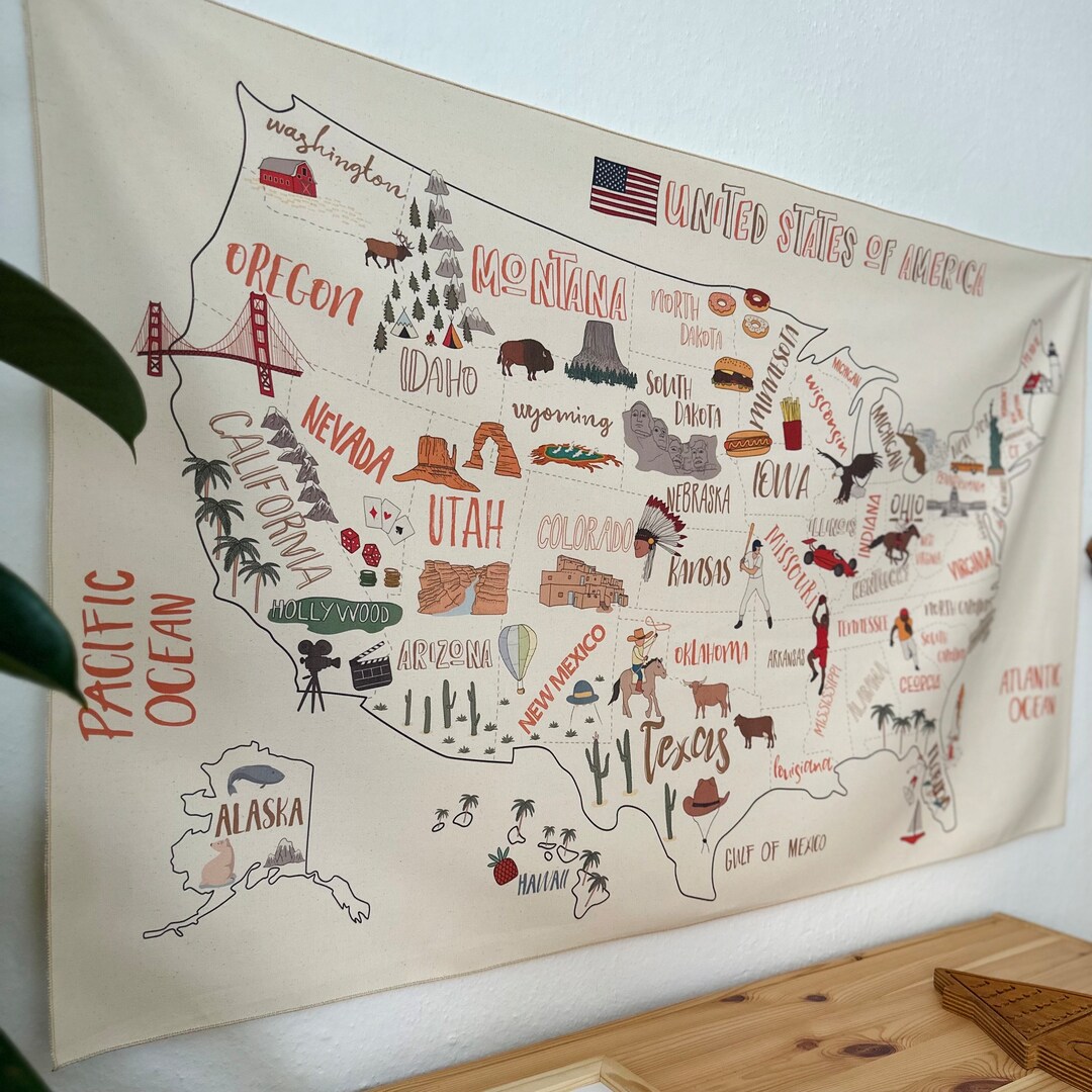 Big U.S.A Map Tapestry Organic Cotton Fabric Tapestry Kid Room Tapestry ...