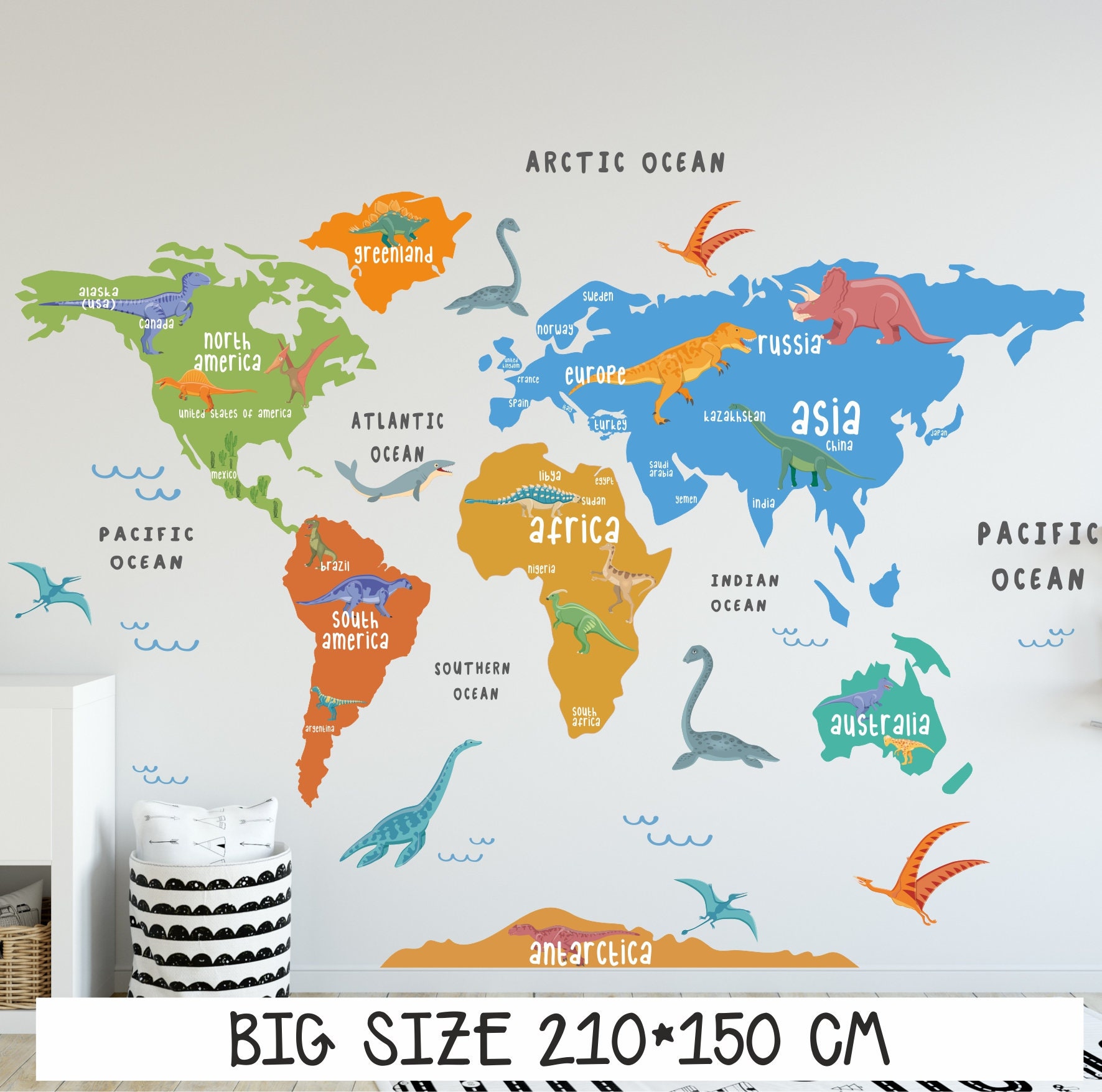 Dinosaur World Map Wall Sticker World Map Wall Decal Map | Etsy