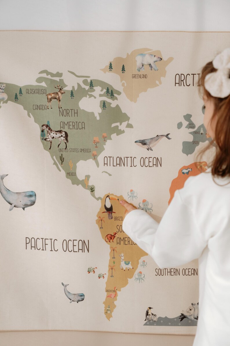 Animal World Map Tapestry | Montessori Nursery Decor, Organic Cotton ...