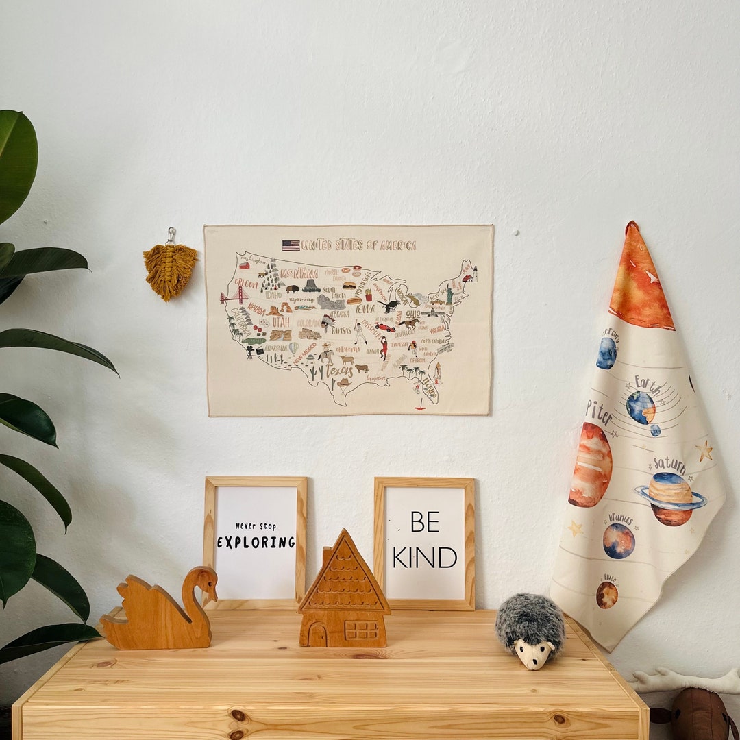 Small U.S.A Map Tapestry Organic Cotton Fabric Tapestry Kid Room ...