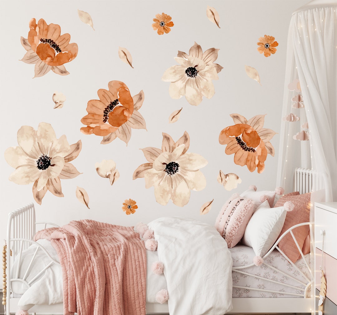 Large Neutral Floral Wall Decals – Peach Beige Watercolor Flowers for ...