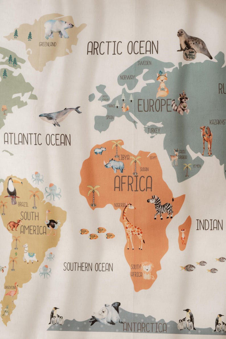 Animal World Map Tapestry | Montessori Nursery Decor, Organic Cotton ...