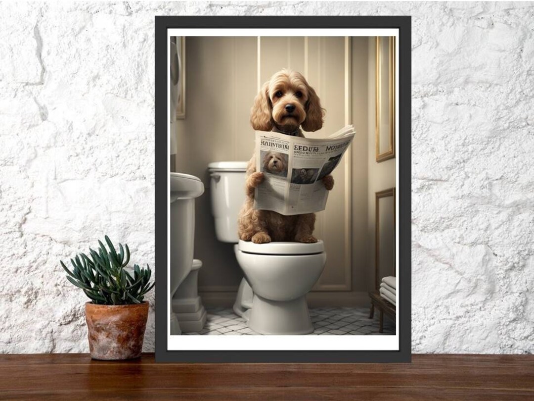 Funny Beige Cockapoo Sat on Toilet Reading Newspaper Dog Lovers Gift ...