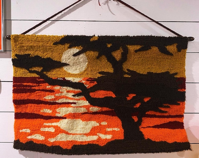 70s Rya Latch Hook Rug Cattails in the Sunset, Mid Century Lo-hi Wall ...