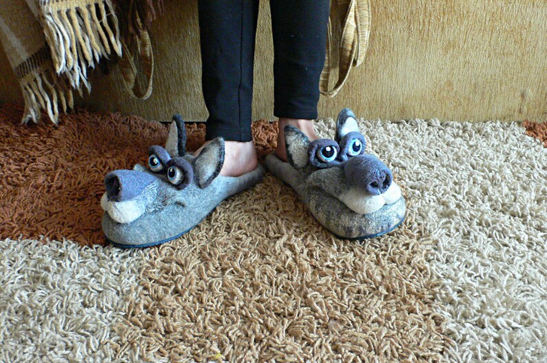 3D Slippers With a Wolf.00% Wool Handmade Shoes, Funny Slippers - Etsy