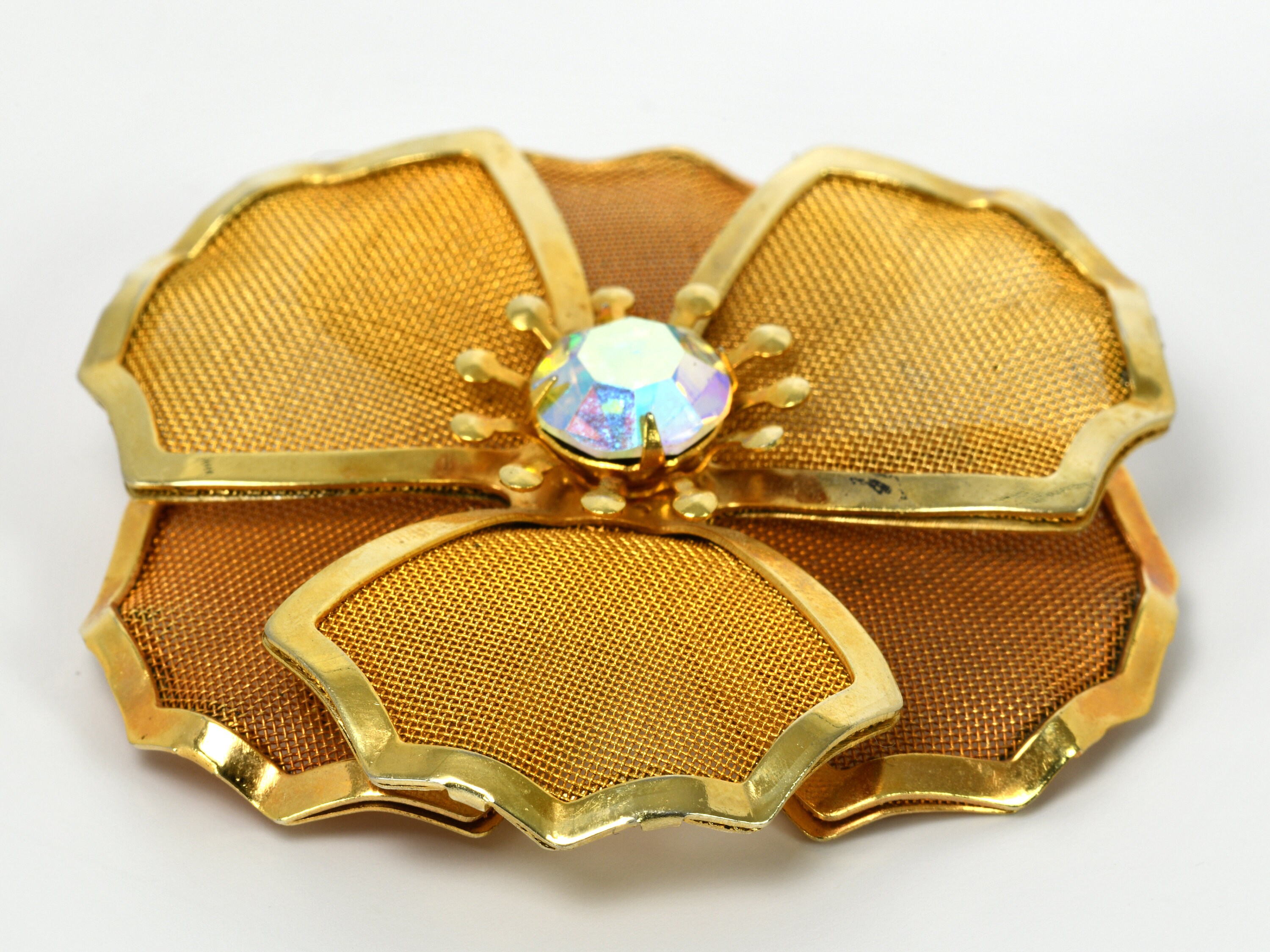 Large Vintage GOLD TONE Mesh FLOWER Brooch Pin Aurora Borealis - Etsy